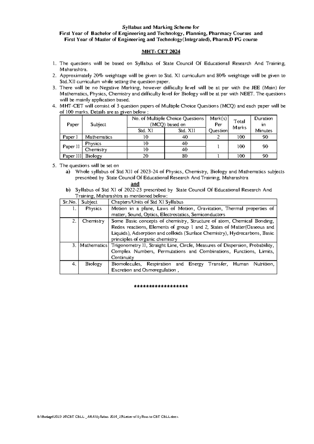 MHT CET syllabus 2024-25 - E:\Budage\ 2023 - 24 \CET CELL _ARA\Syllabus ...