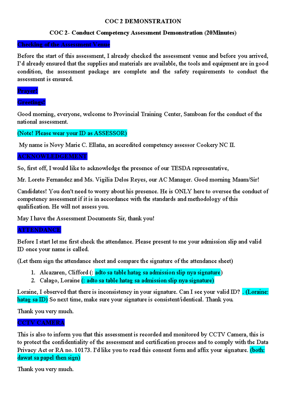 COC-2- Demonstration - n/a - COC 2 DEMONSTRATION COC 2- Conduct Competency Assessment ...