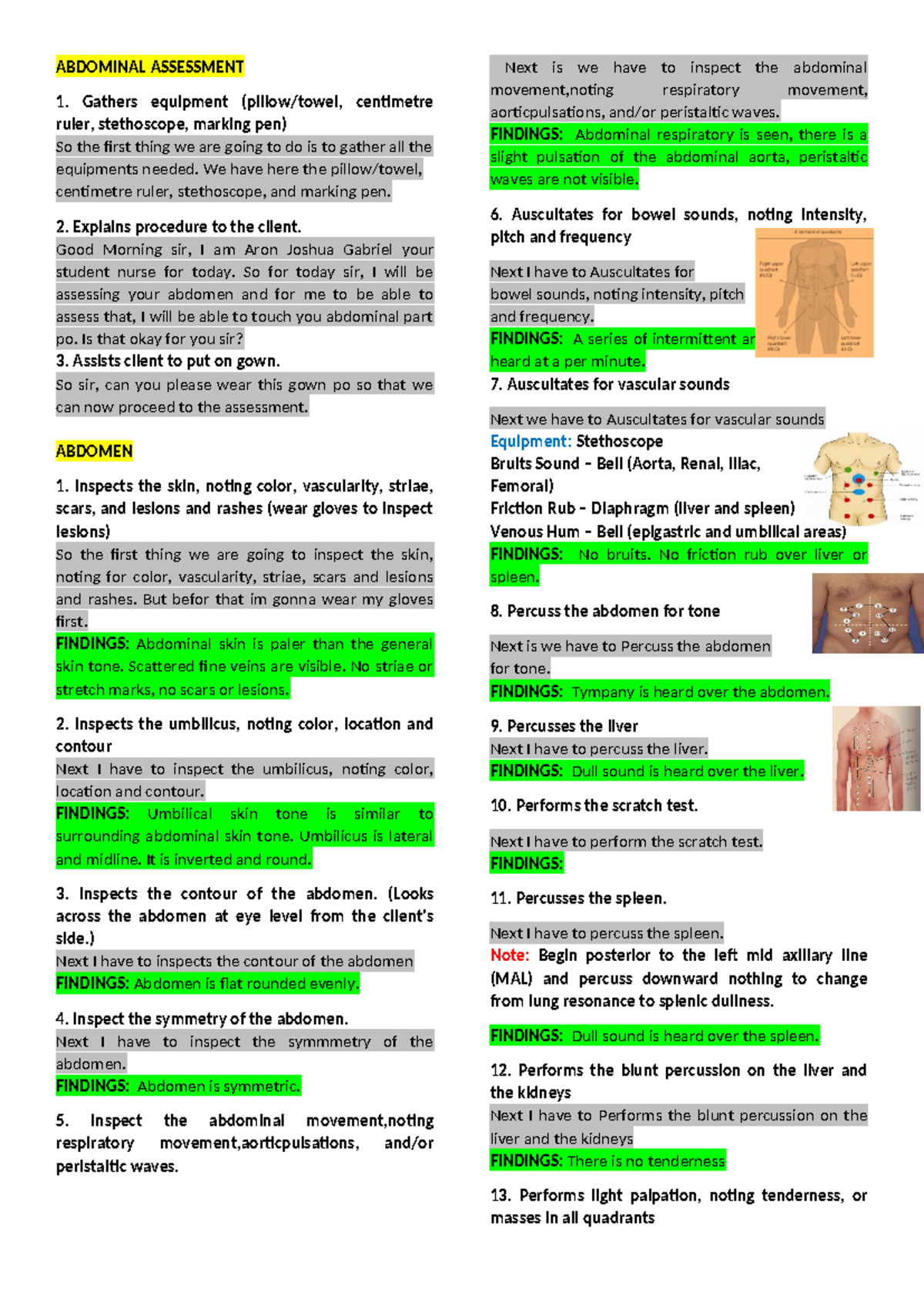 Abdominal-Assessment - ABDOMINAL ASSESSMENT Gathers equipment (pillow ...