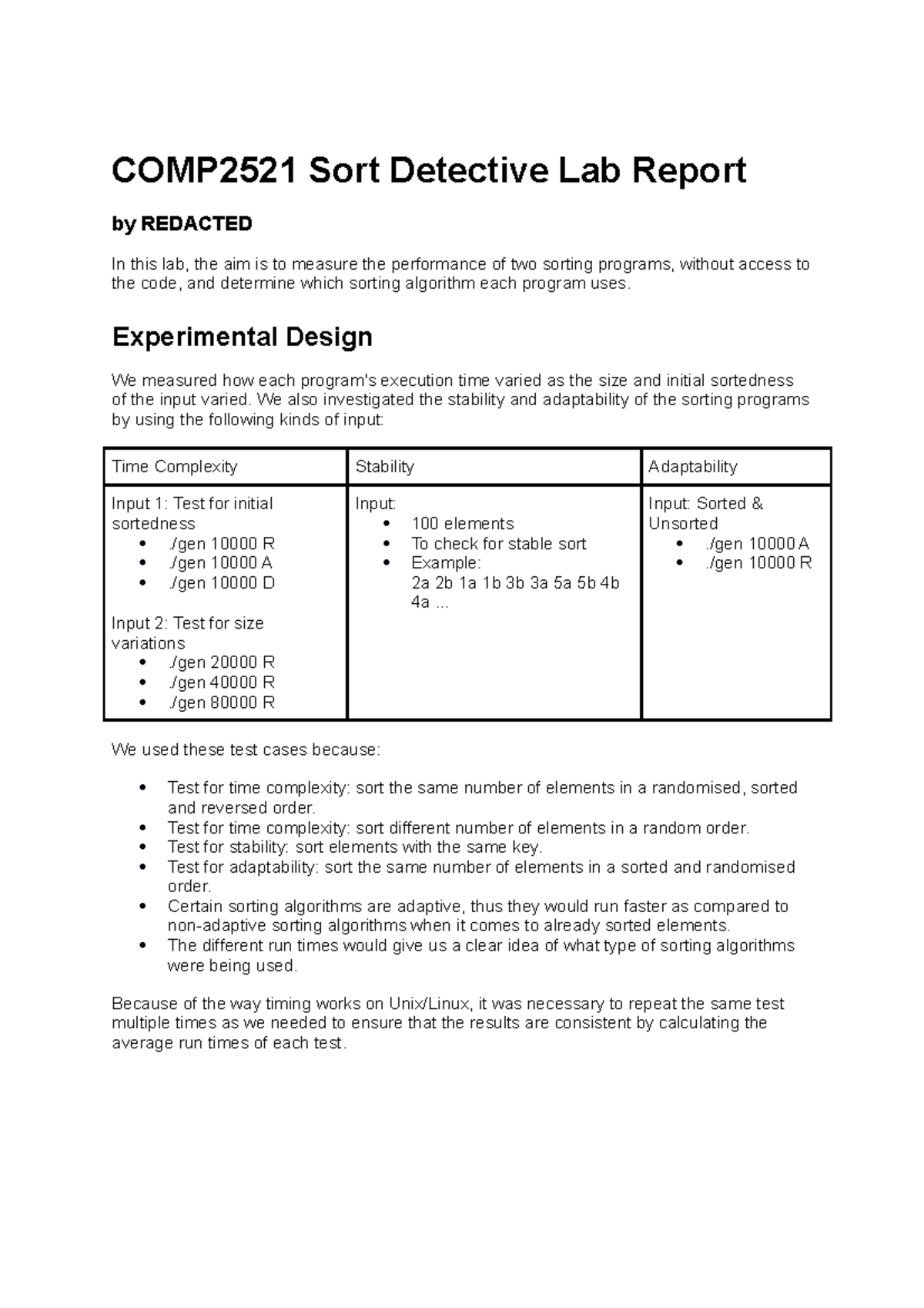 COMP2521 Sort Detective Lab Report - Experimental Design We measured how each program's ...