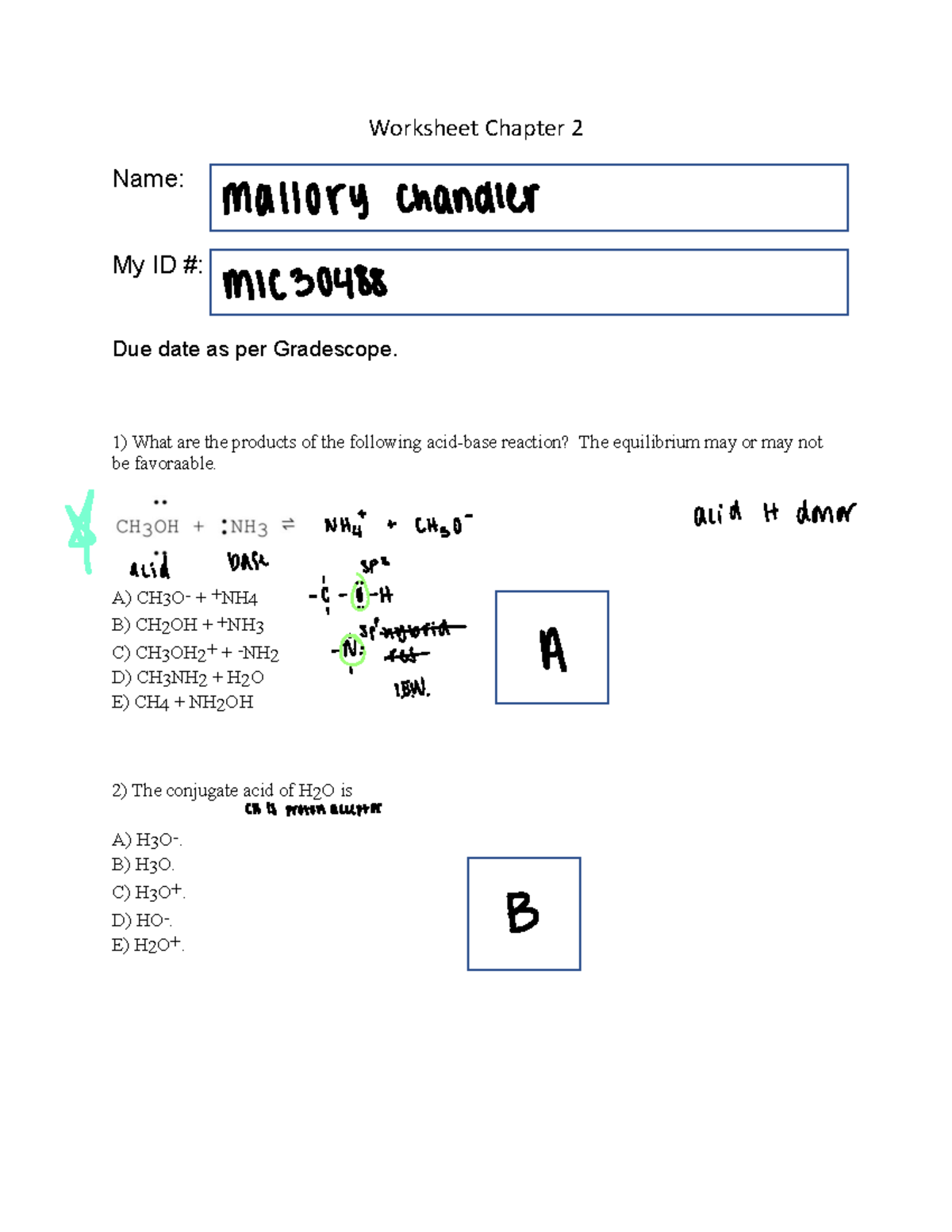 Chem 2211 recitation 2 - Worksheet Chapter 2 Name: My ID #: Due date as ...