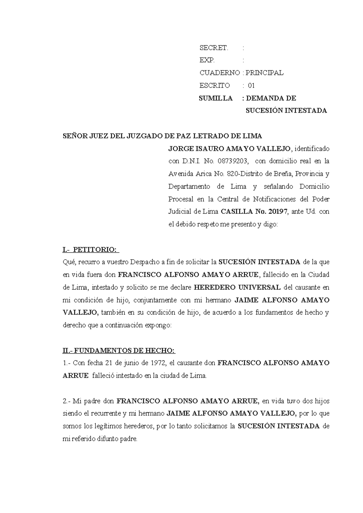 Susecion Intestada - Amayo - SECRET. : EXP. : CUADERNO : PRINCIPAL ...