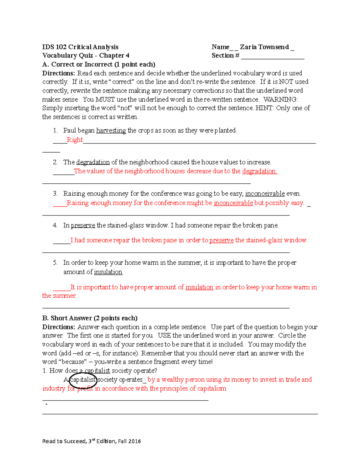 IDS 102 Critical Analysis Ch - Correct or Incorrect (1 point each ...