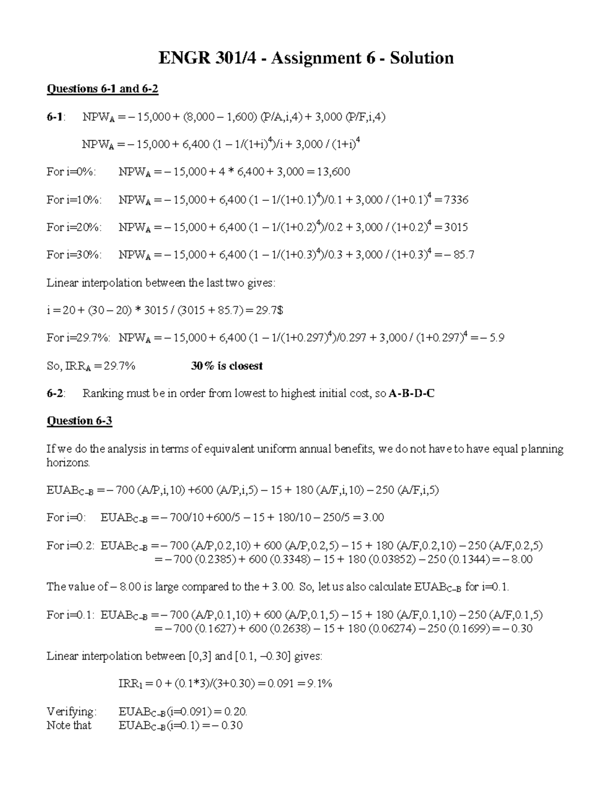 Assignment 6.2 Solution - ENGR 301/4 - Assignment 6 - Solution Questions 6-1 and 6- 6-1: NPWA ...