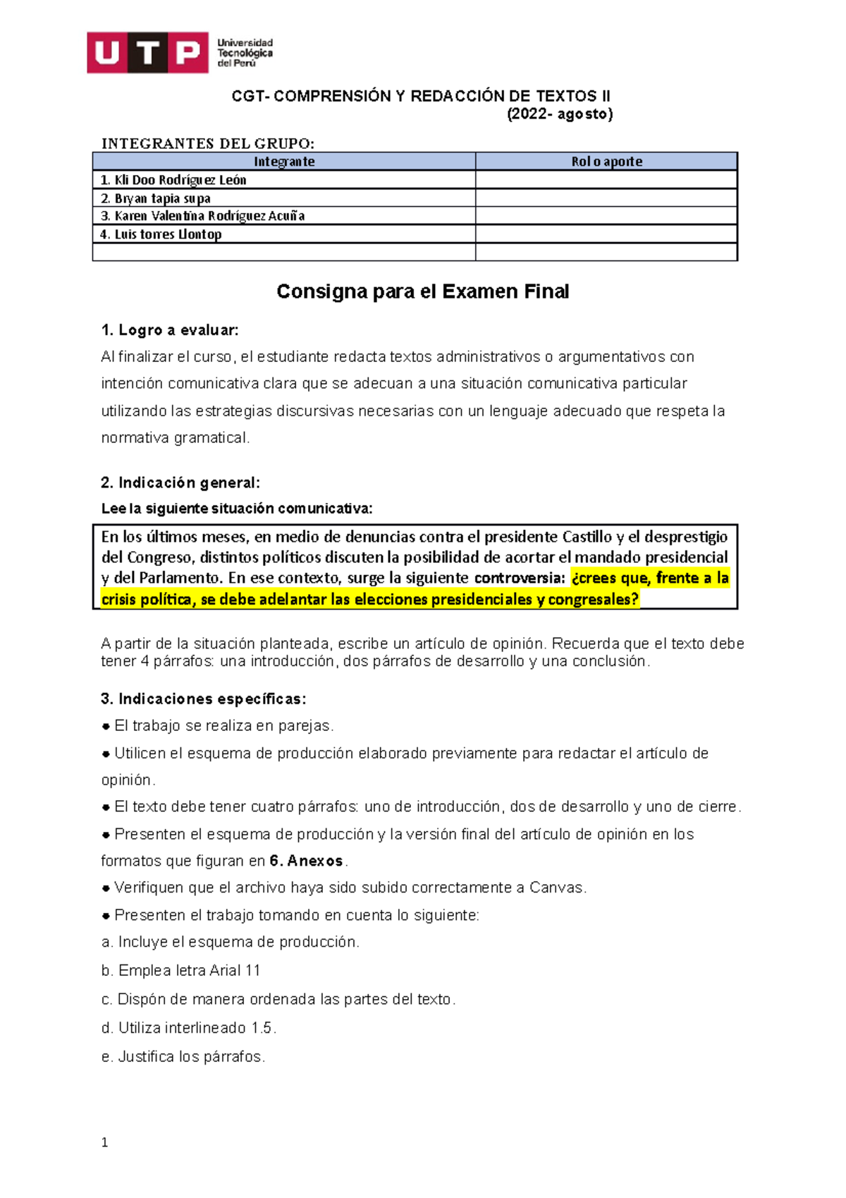 CGT CRT2 Consigna para el Examen Final - CGT- COMPRENSIÓN Y REDACCIÓN DE TEXTOS II (2022- agosto ...