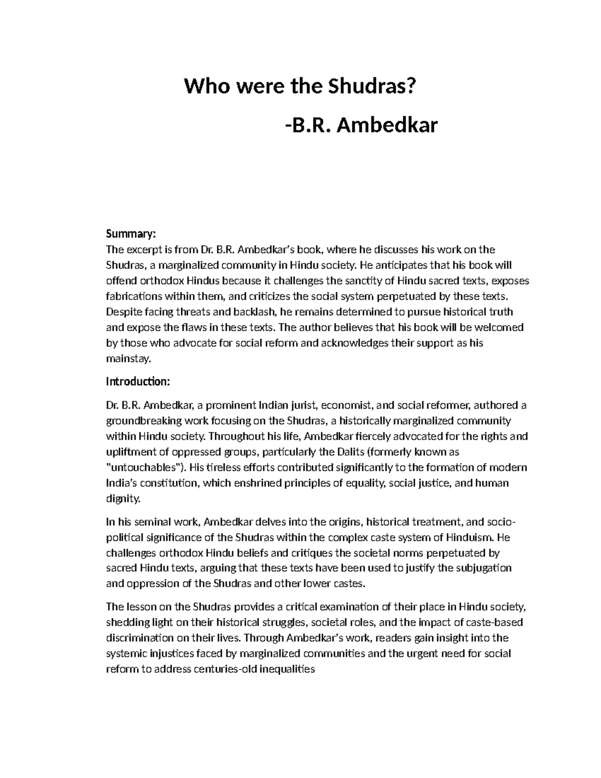 Who were the Shudras - Summary ENGlogue - Who were the Shudras? -B ...