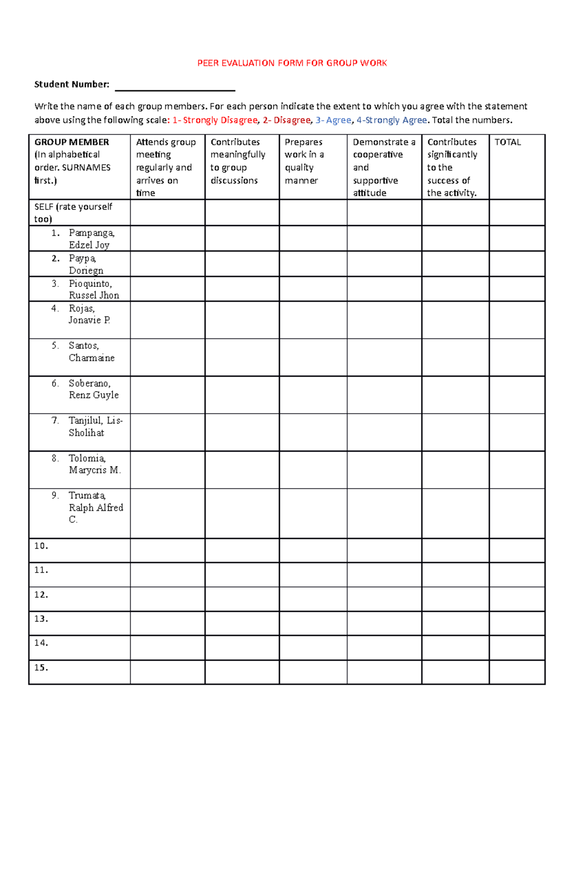 PEER Evaluation FORM FOR Group WORK - PEER EVALUATION FORM FOR GROUP ...