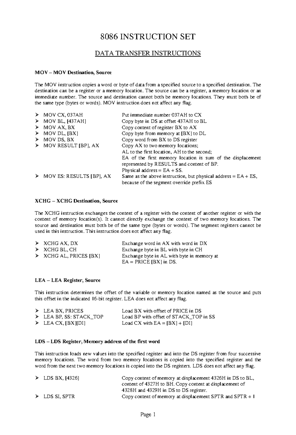 8086 instruction set-ik - 8086 INSTRUCTION SET DATA TRANSFER ...