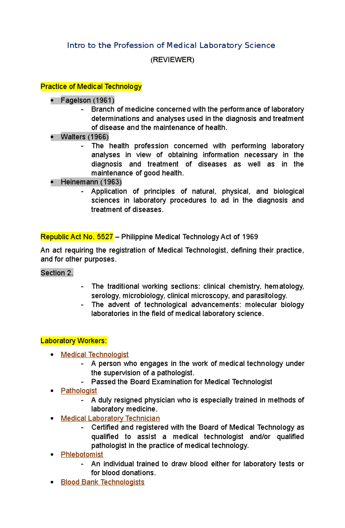 Intro to the Profession of Medical Laboartory Science - Intro to the ...