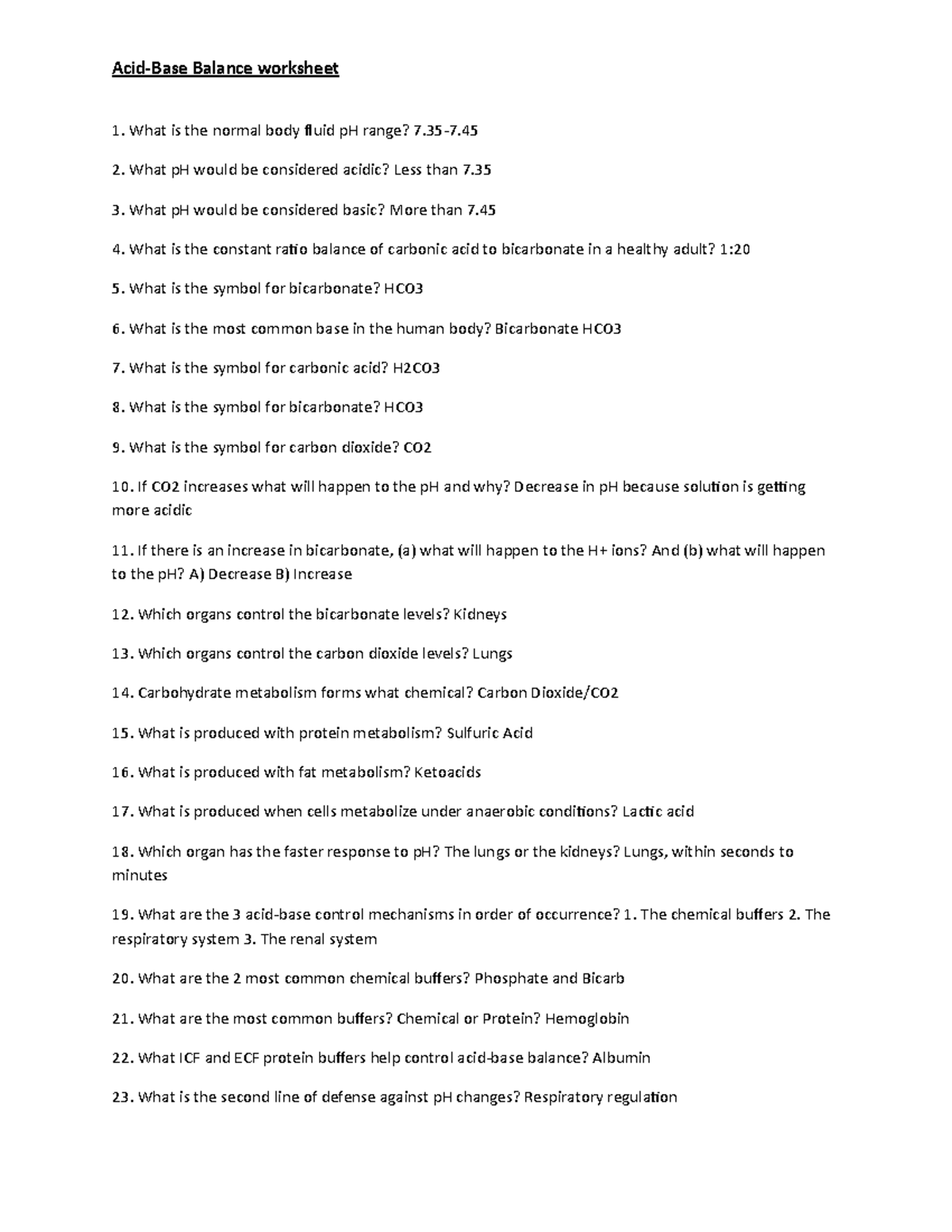 AB balance worksheet student - Acid-Base Balance worksheet What is the ...