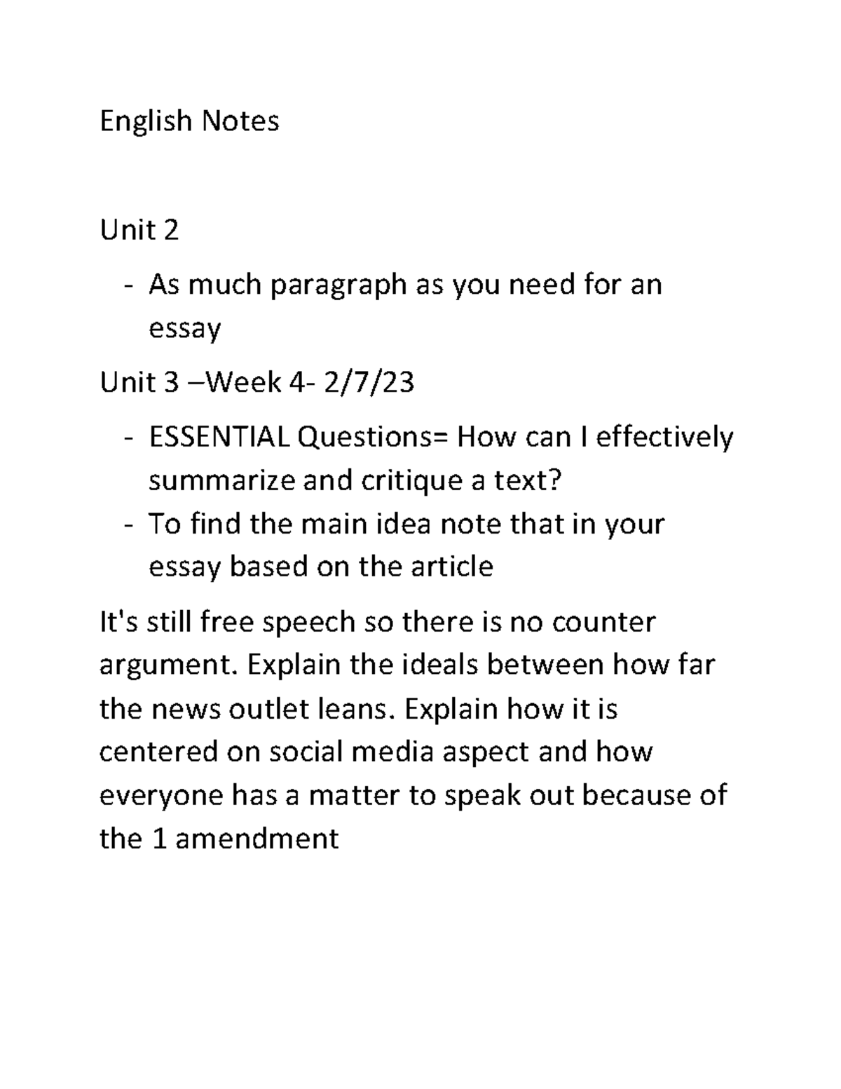 English 101 notes - English Notes Unit 2 - As much paragraph as you ...