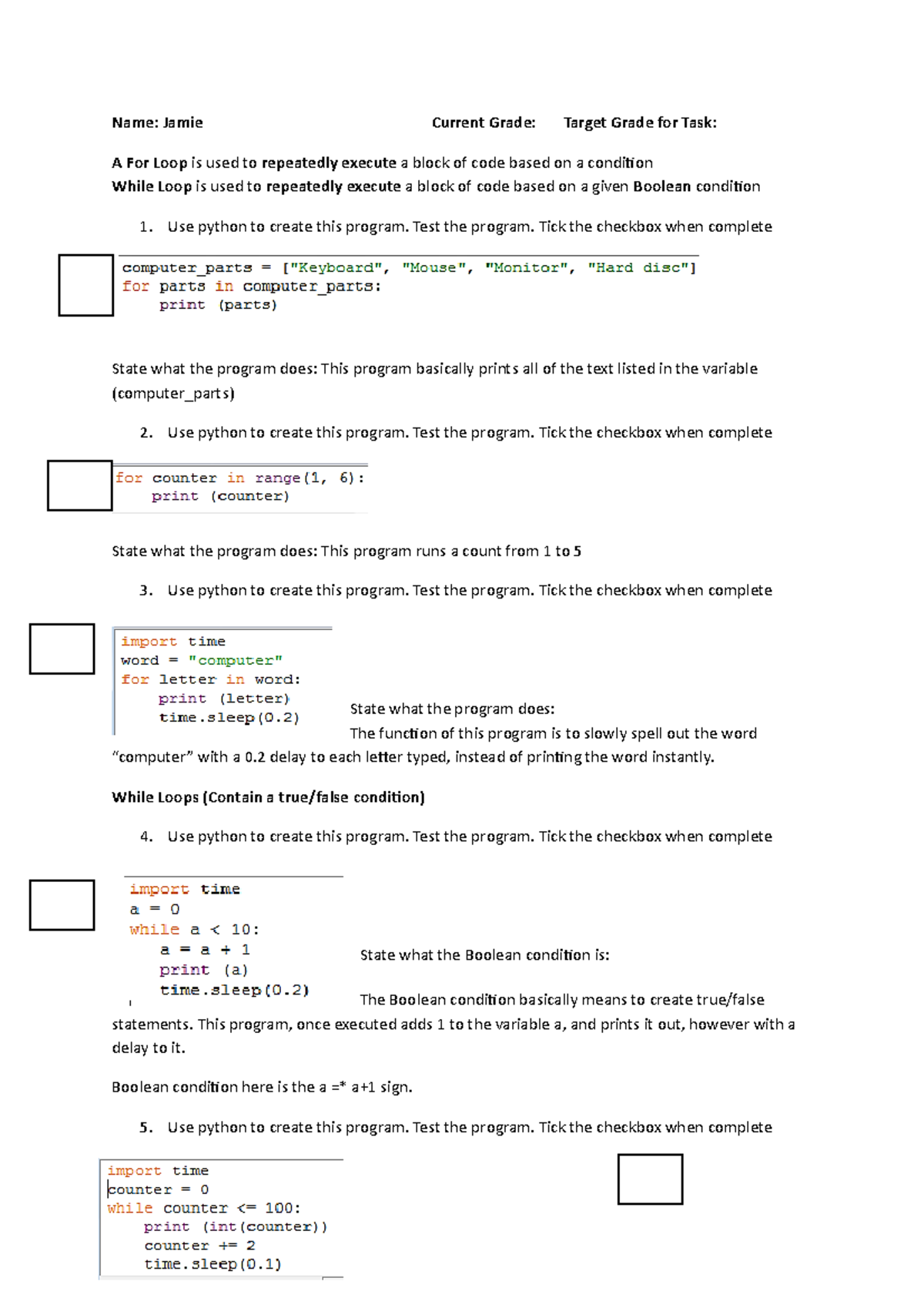 For-and-While-Loops - asfsfasffs - Name: Jamie Current Grade: Target ...