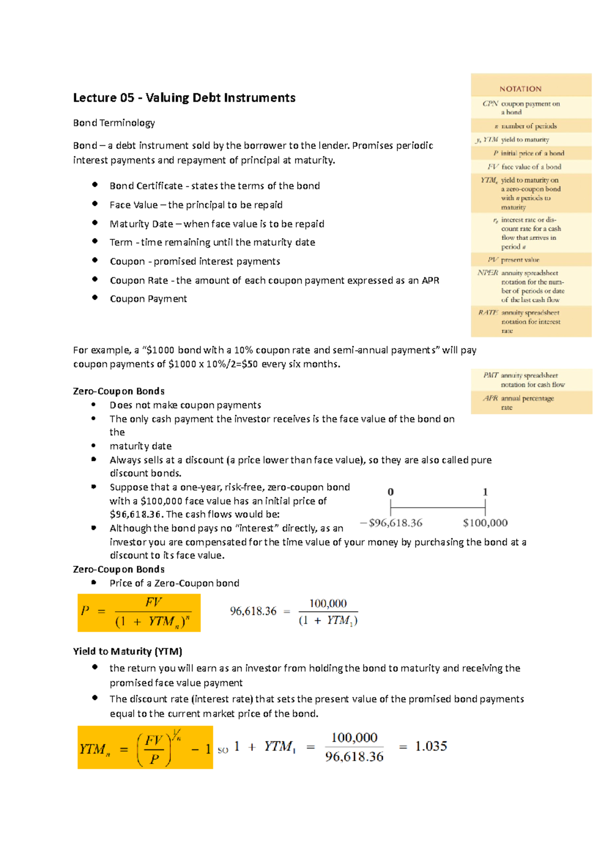 Lecture 05 - Lecture 05 - Valuing Debt Instruments Bond Terminology ...