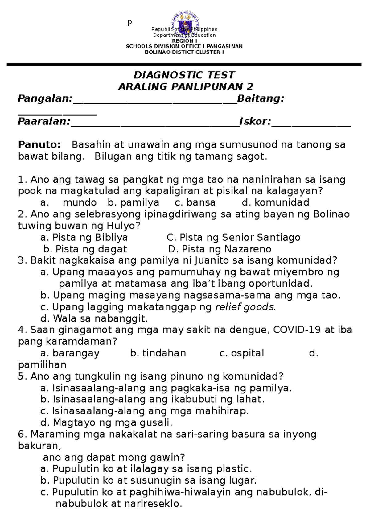 AP- Diagnostic-TEST - i am a graduate student - p Republic of the ...