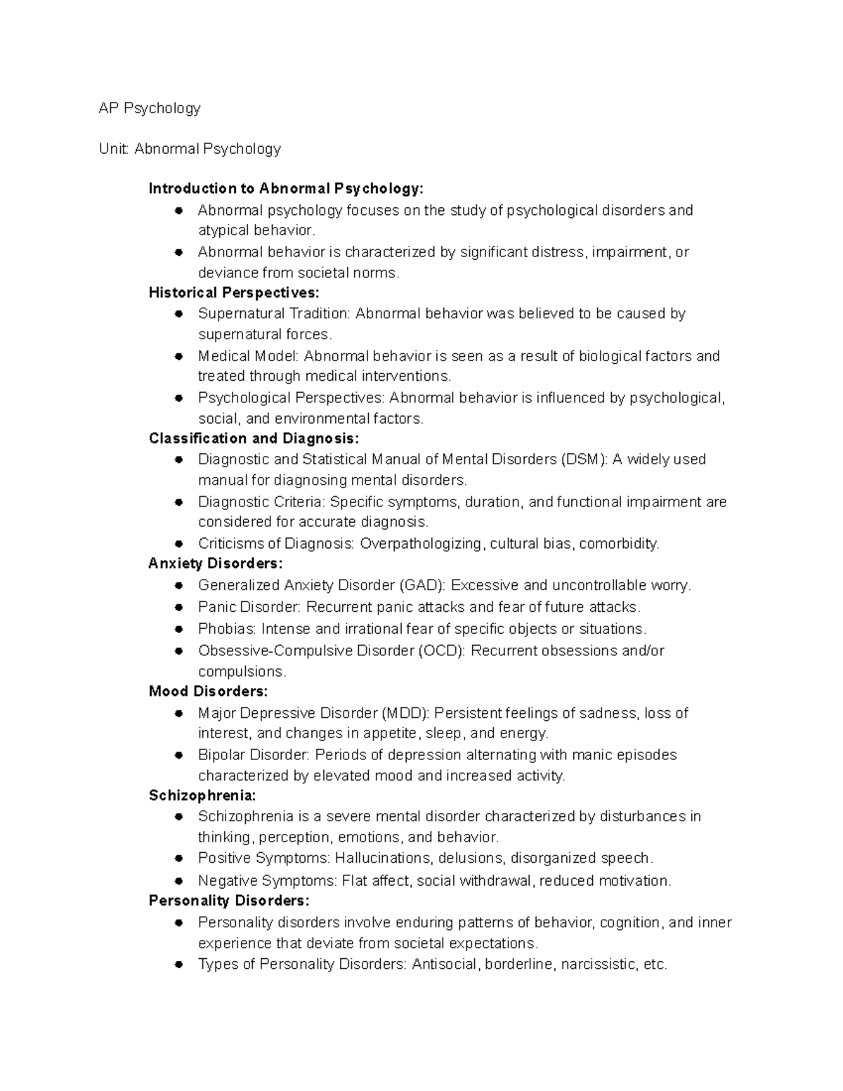 AP Psychology - Abnormal Psychology - AP Psychology Unit: Abnormal ...