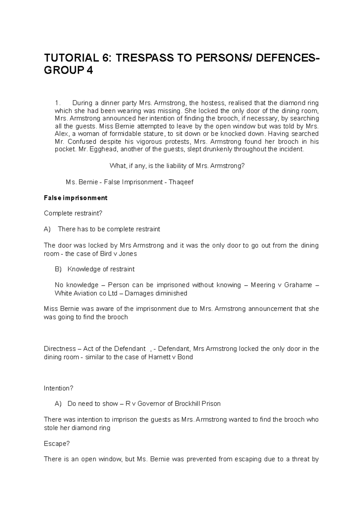 Tutorial 6 Trespass TO Persons Defences- Group 4 - TUTORIAL 6: TRESPASS ...