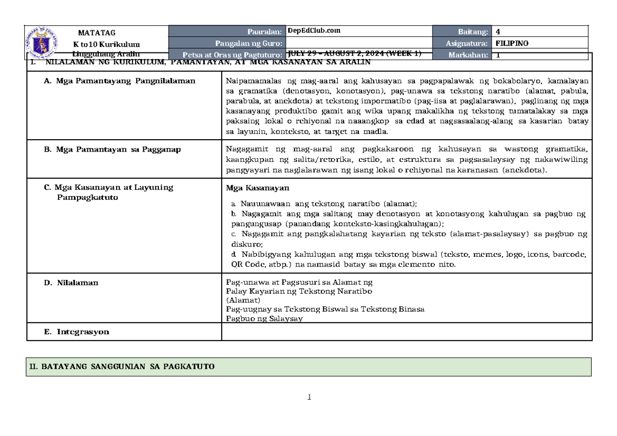DLL Matatag Filipino 4 Q1 W1 - I. NILALAMAN NG KURIKULUM, PAMANTAYAN ...