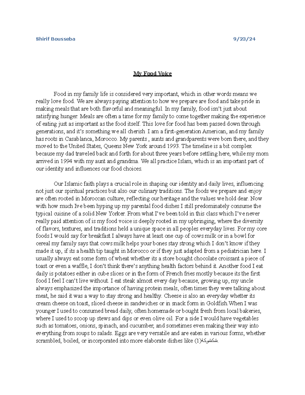 Food Voice Assignment 2024 - Shirif Bousseba 9/23/ My Food Voice Food ...