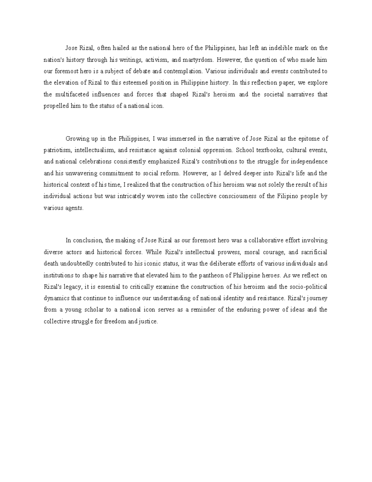 Rizal Reflection Paper - Jose Rizal, often hailed as the national hero ...
