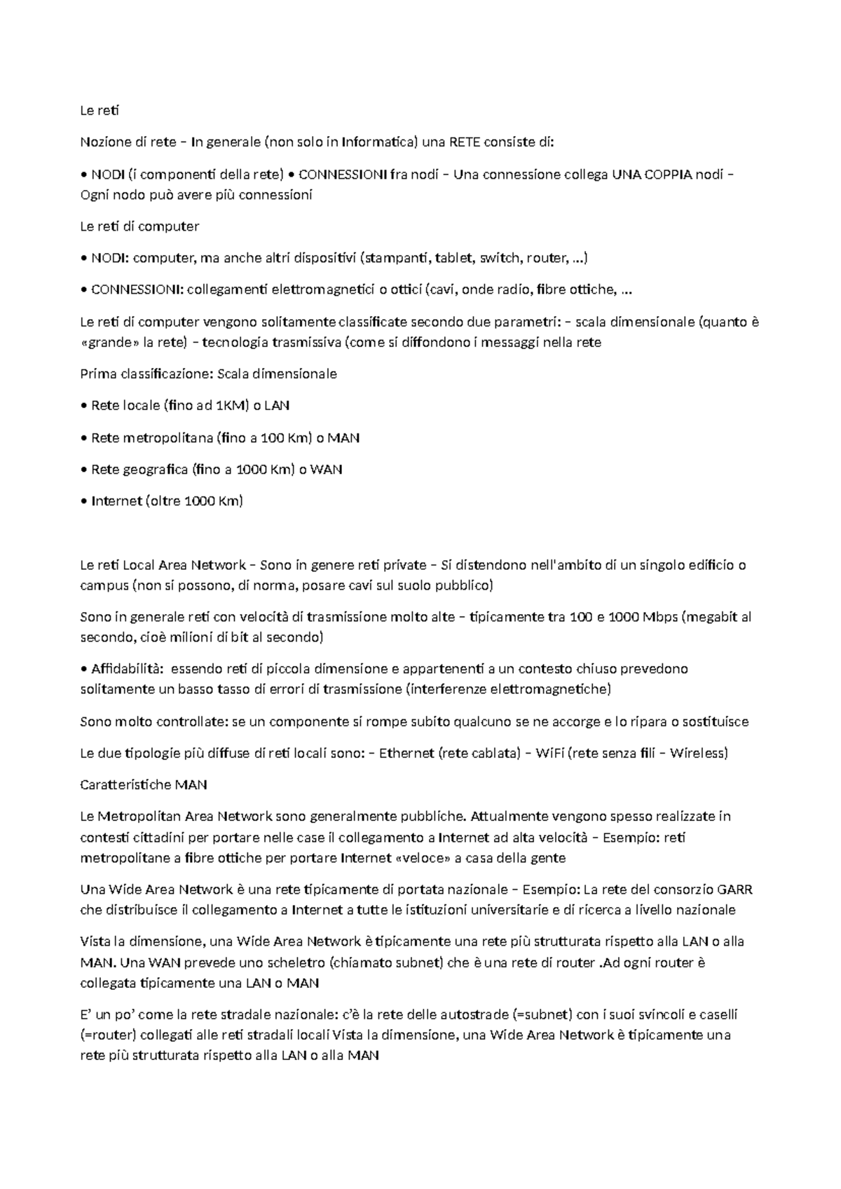 Le reti - descrizione delle reti informatiche tipologie e caratteristiche - Le reti Nozione di ...