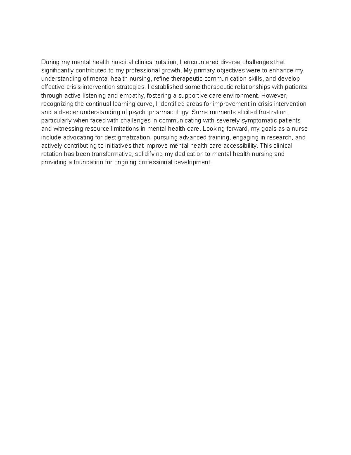 Week 5 reflection - notes - During my mental health hospital clinical ...