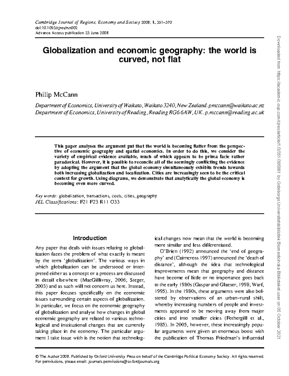 Mc Cann - Mc Cann text - Globalization and economic geography: the ...