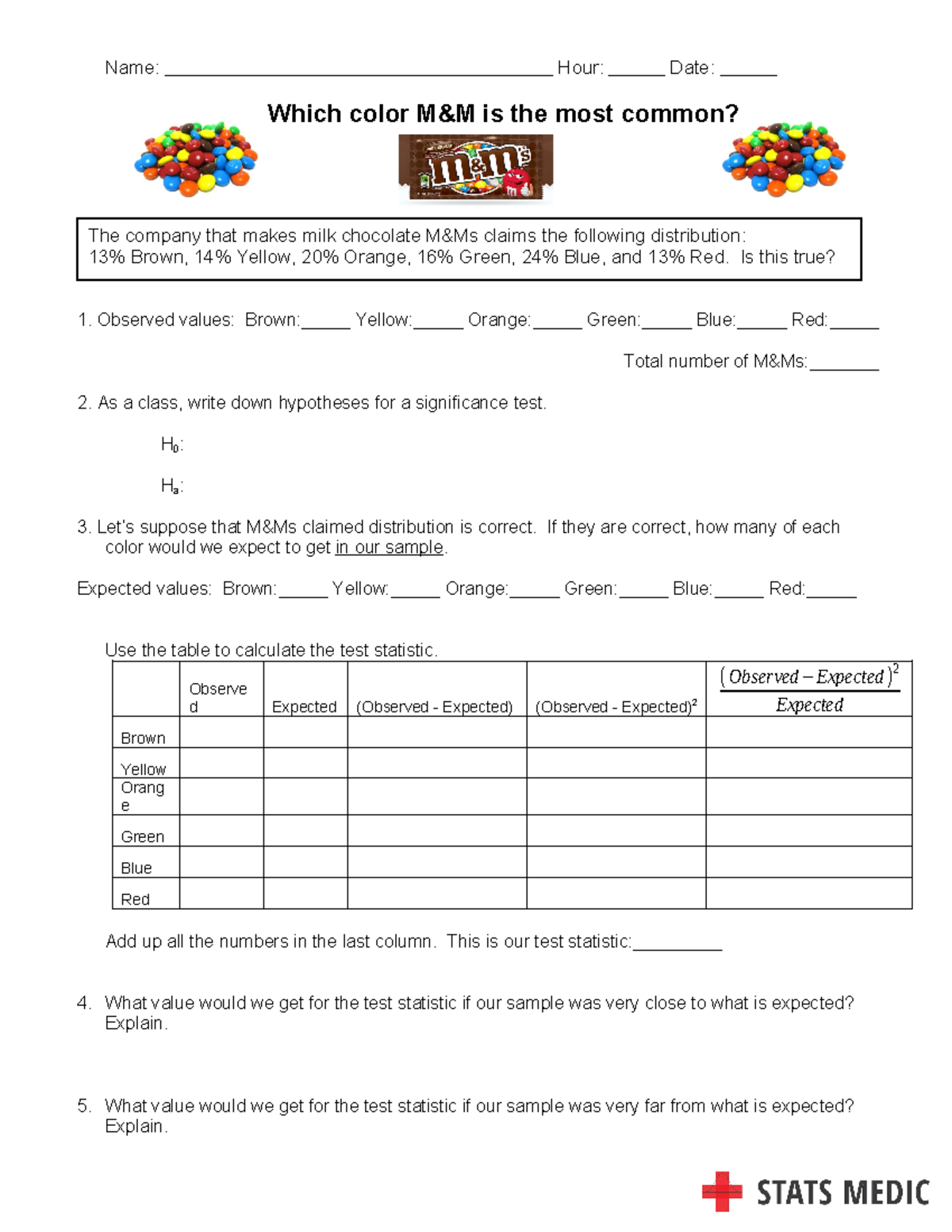Chi Square GOF Day 1 - AP Stats PDF - Name: Hour: Date: Which color M&M ...