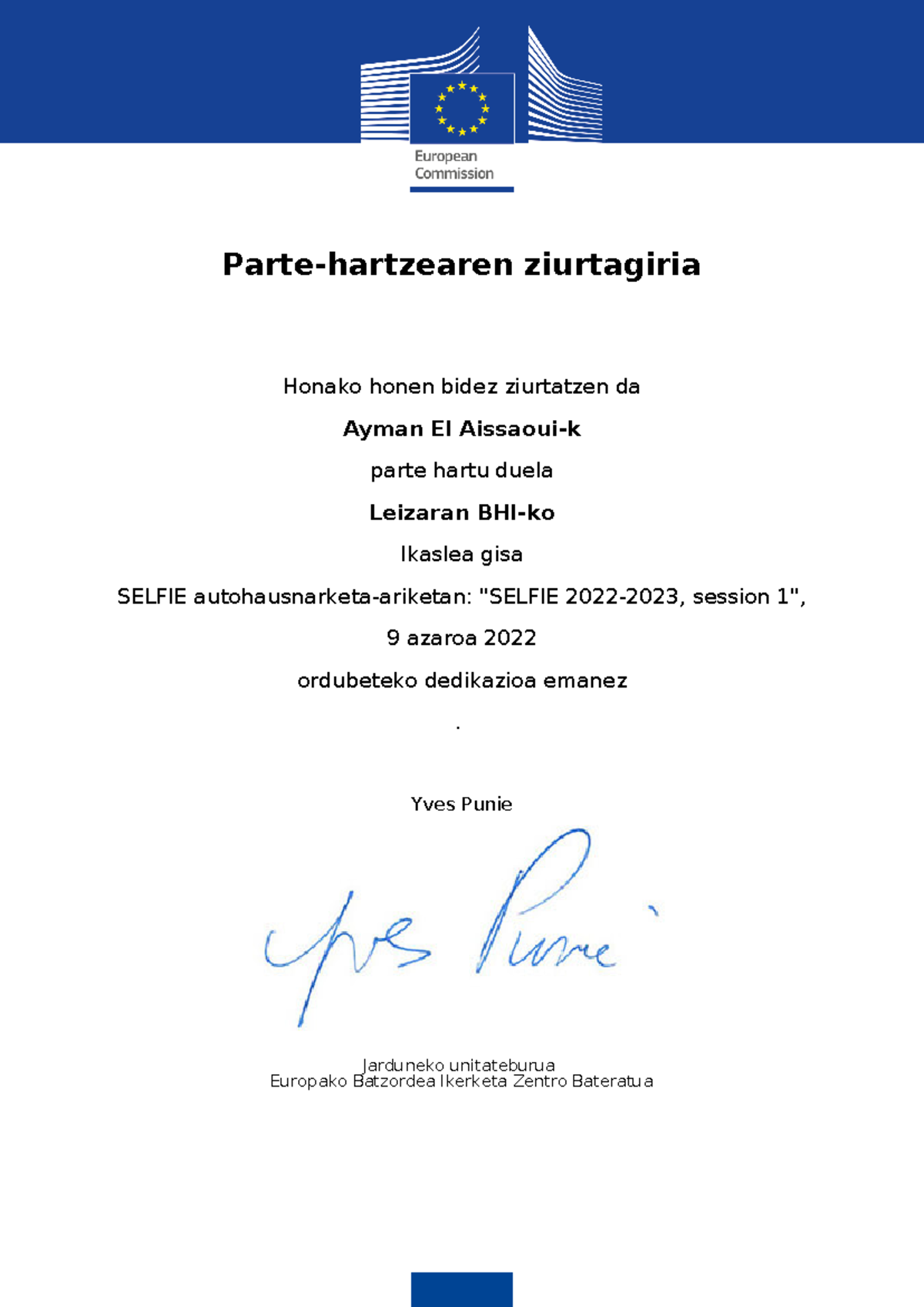 Selfie-certificate - fmvevn9enrvn9er0nve9wn3v - Proyecto - Parte-hartzearen ziurtagiria Honako ...