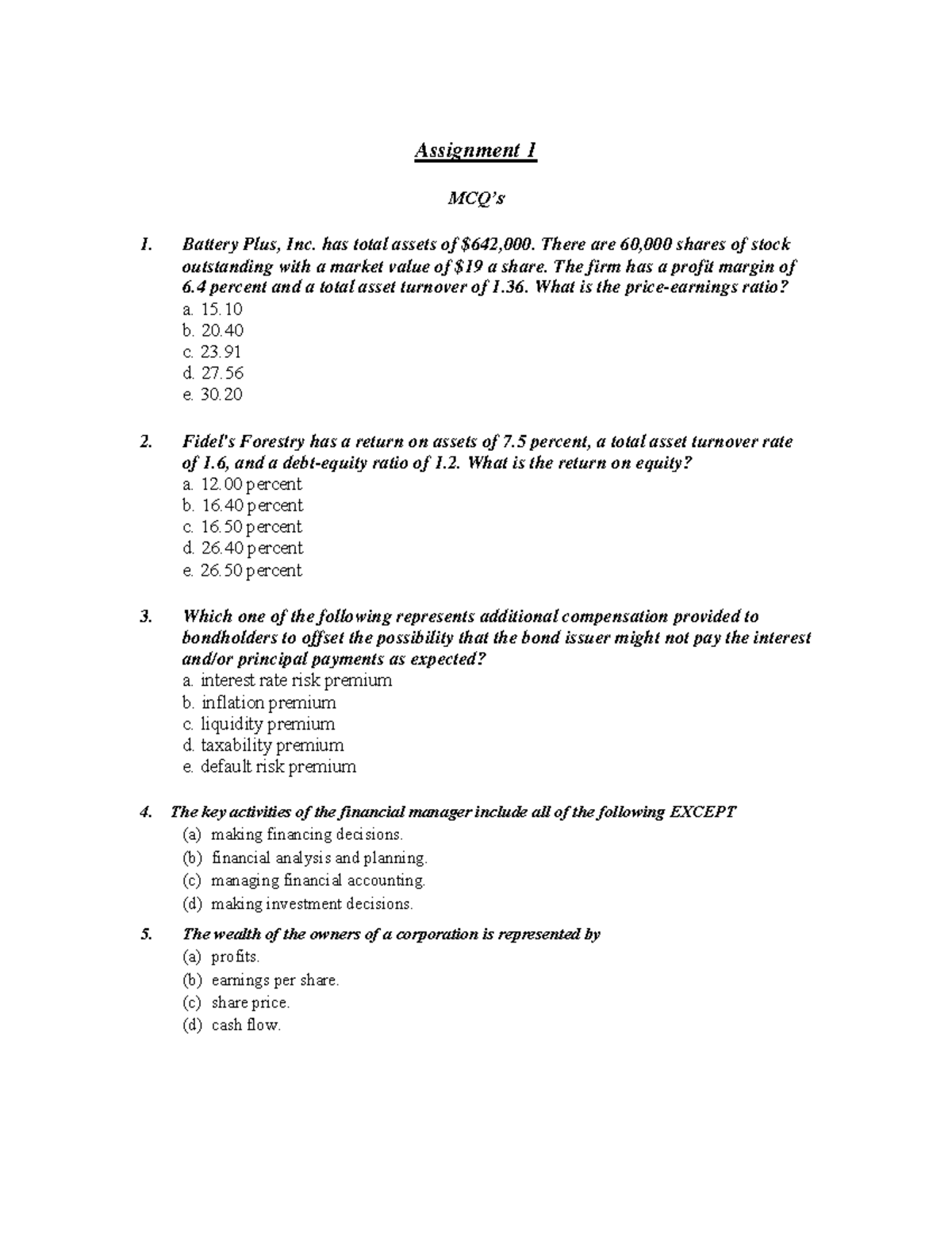 MCQ ONE About fundamentals analysis finance in business administration ...