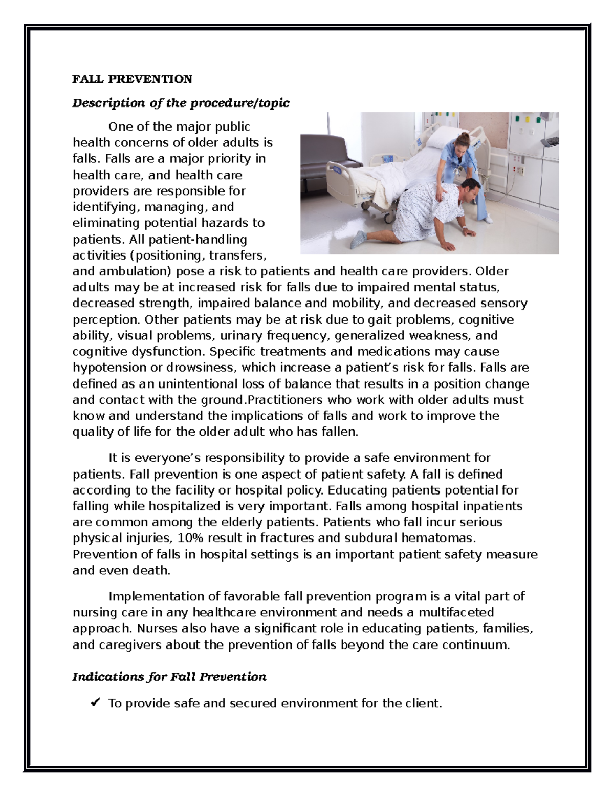 Fall prevention - purpose - FALL PREVENTION Description of the ...