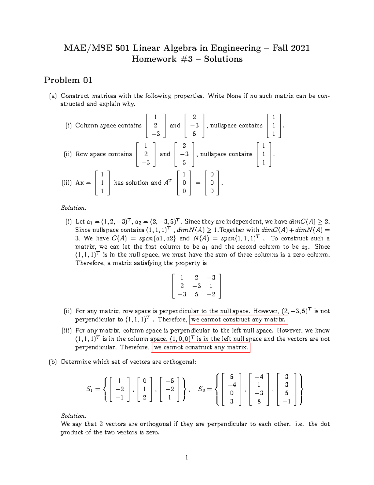 Fall 2021 MAE 501 Homework 03 Solution - MAE/MSE 501 Linear Algebra in Engineering – Fall 2021 ...