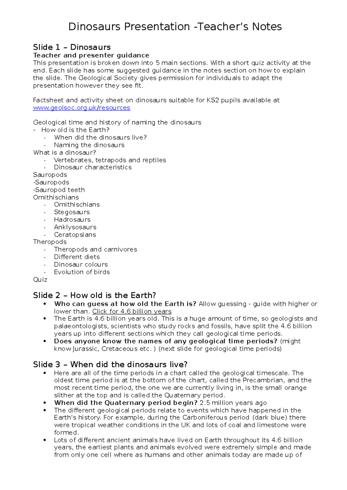 Dinosaurs presentation teachers notes - Slide 1 – Dinosaurs Teacher and ...