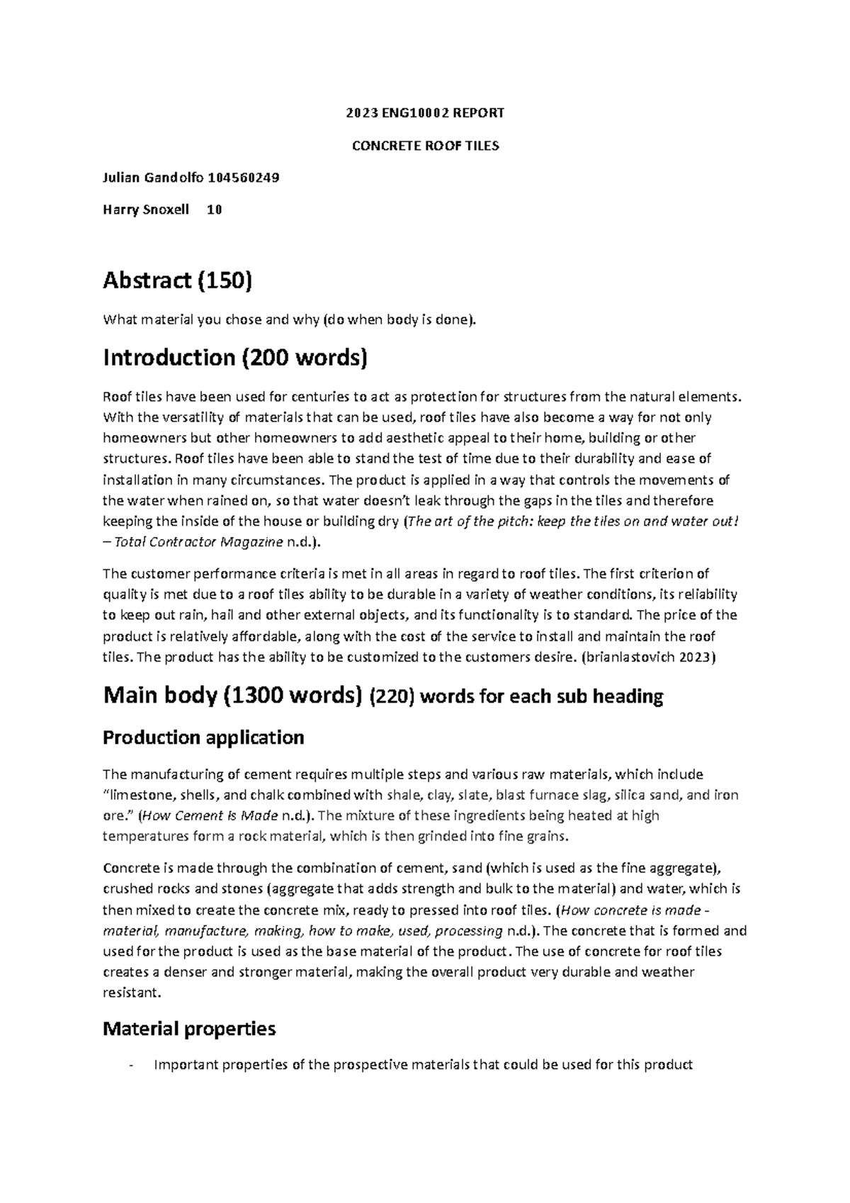 Materials- Written Assignment - 2023 ENG10002 REPORT CONCRETE ROOF TILES Julian Gandolfo ...