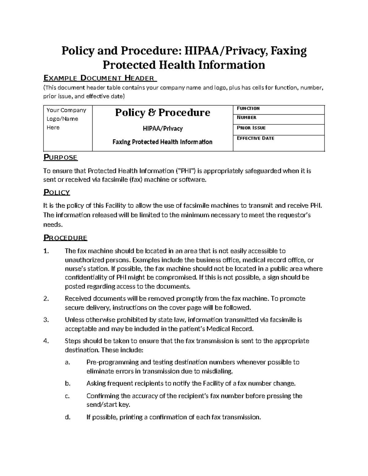CMAA L13 Assignment - Policy and Procedure: HIPAA/Privacy, Faxing ...