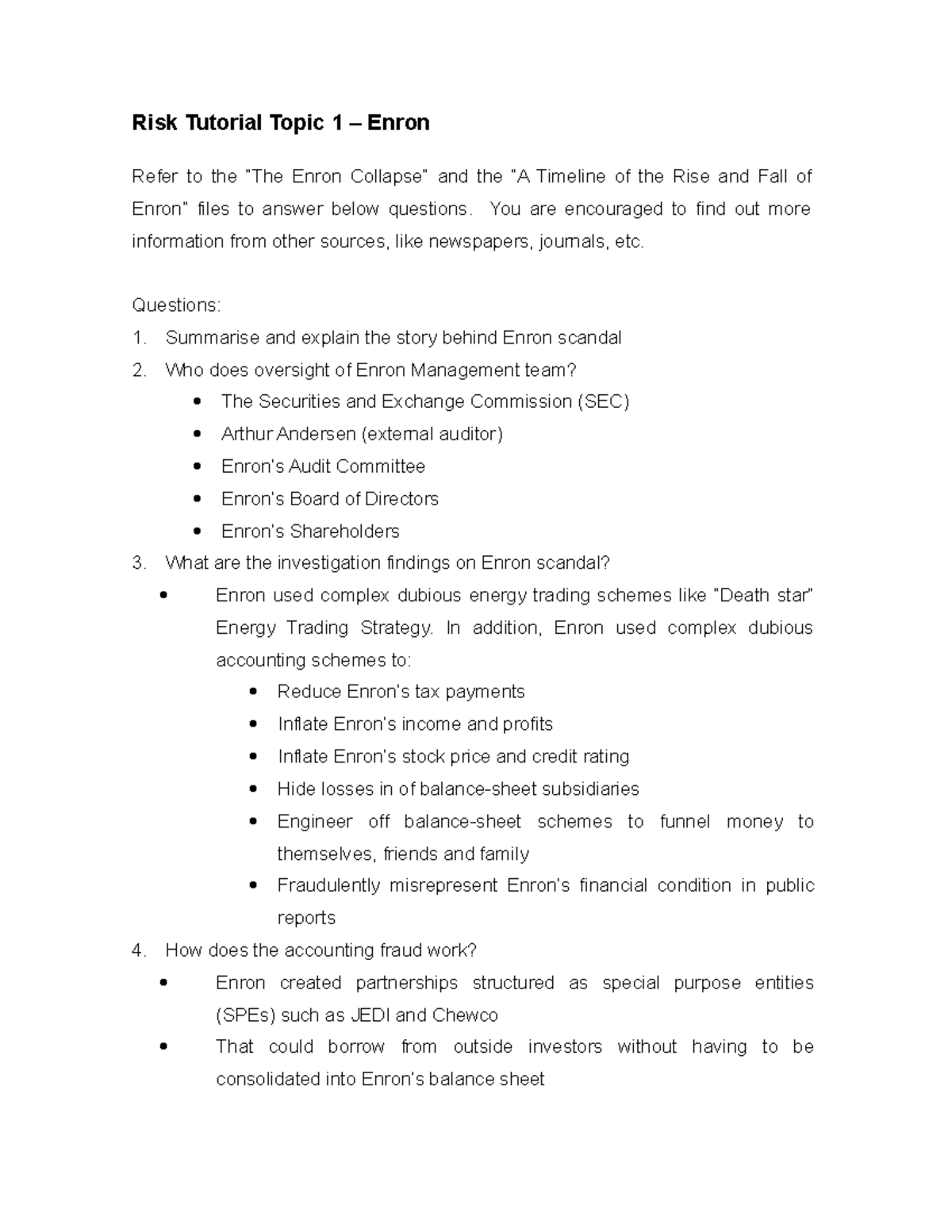 Risk Tutorial Topic 1 - Enron (Student) - Risk Tutorial Topic 1 – Enron ...
