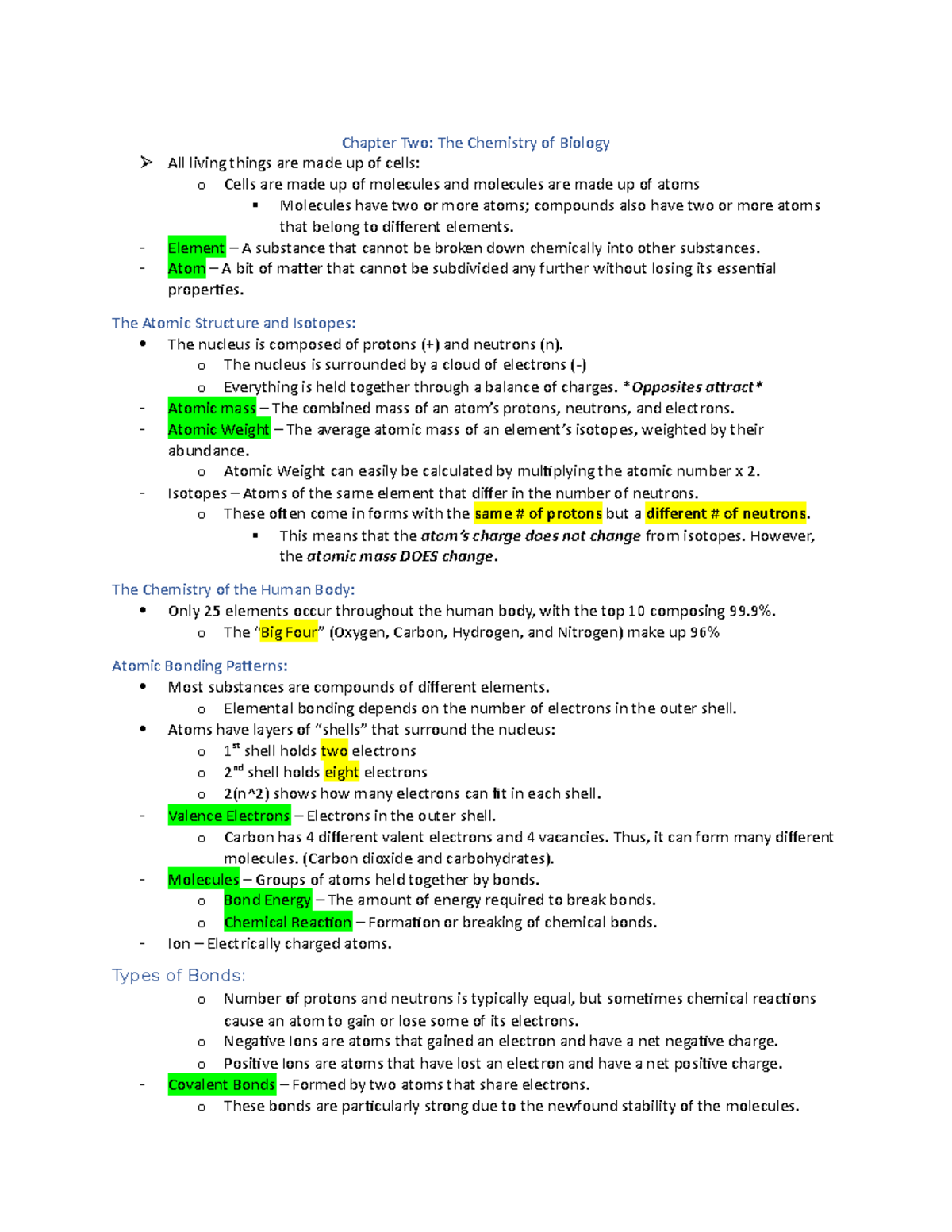 Bio II Chapter Two - Chemistry of Biology - Chapter Two: The Chemistry ...