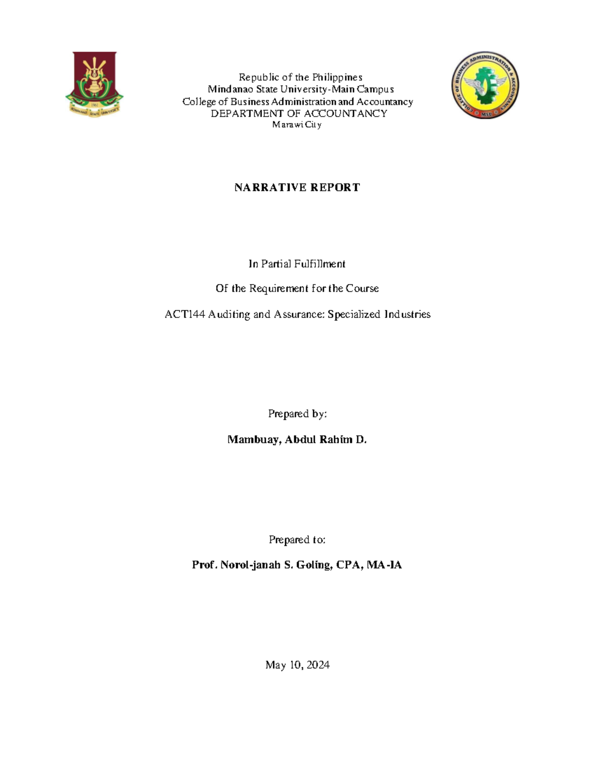 Mambuay, Abdul Rahim mn narrative report - Republic of the Philippines ...