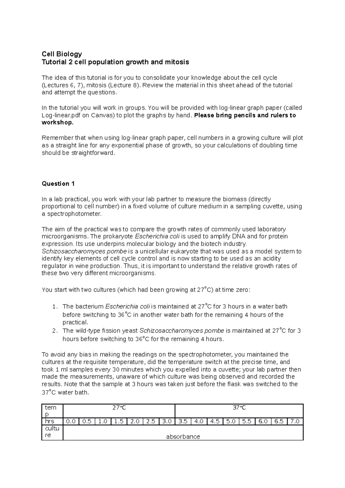 CB workshop 2 01 - Cell Biology Tutorial 2 cell population growth and ...