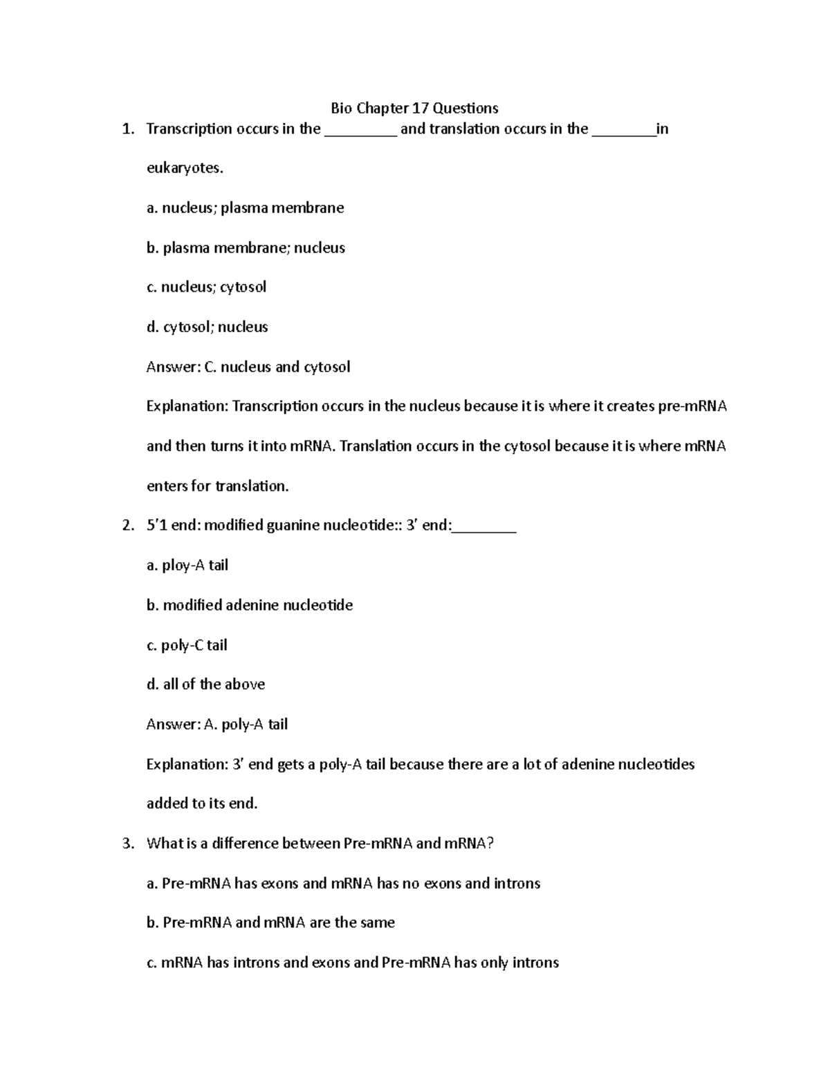 Bio Chapter 17 Questions - Bio Chapter 17 Questions Transcription ...