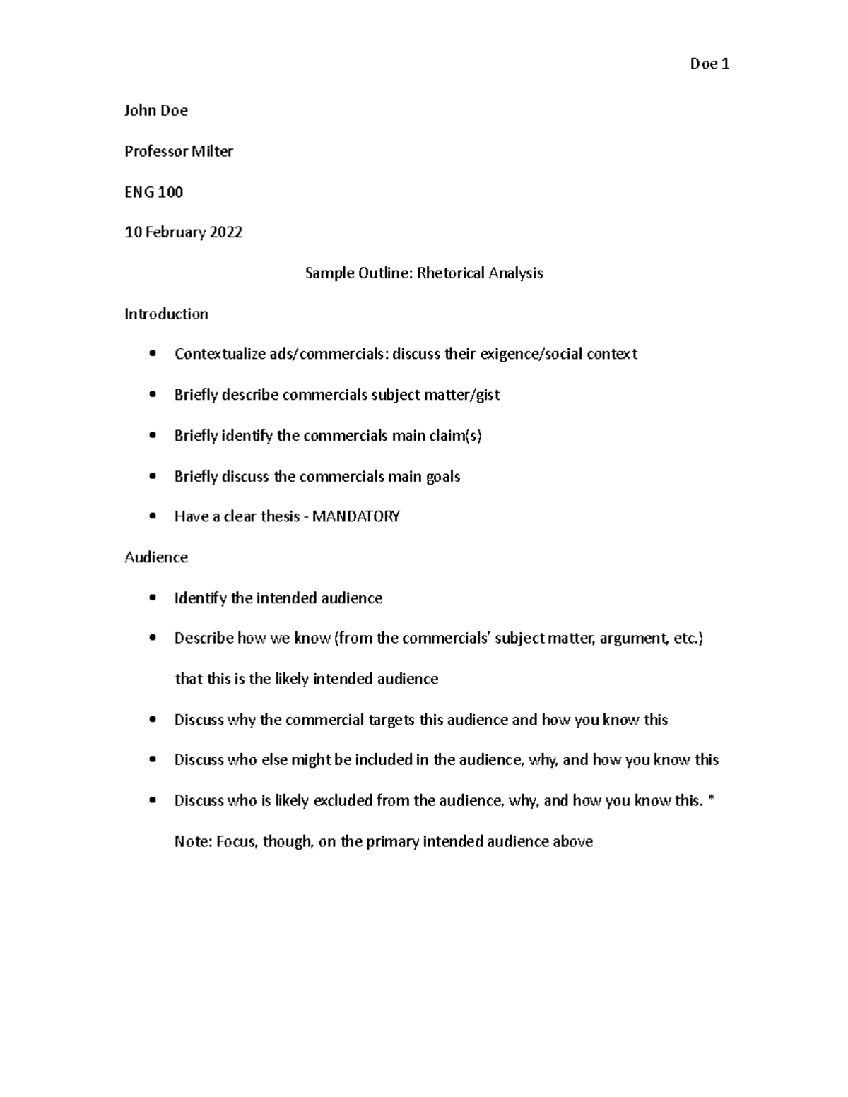 Sample Outline Rhetorical Analysis - John Doe Professor Milter ENG 100 ...