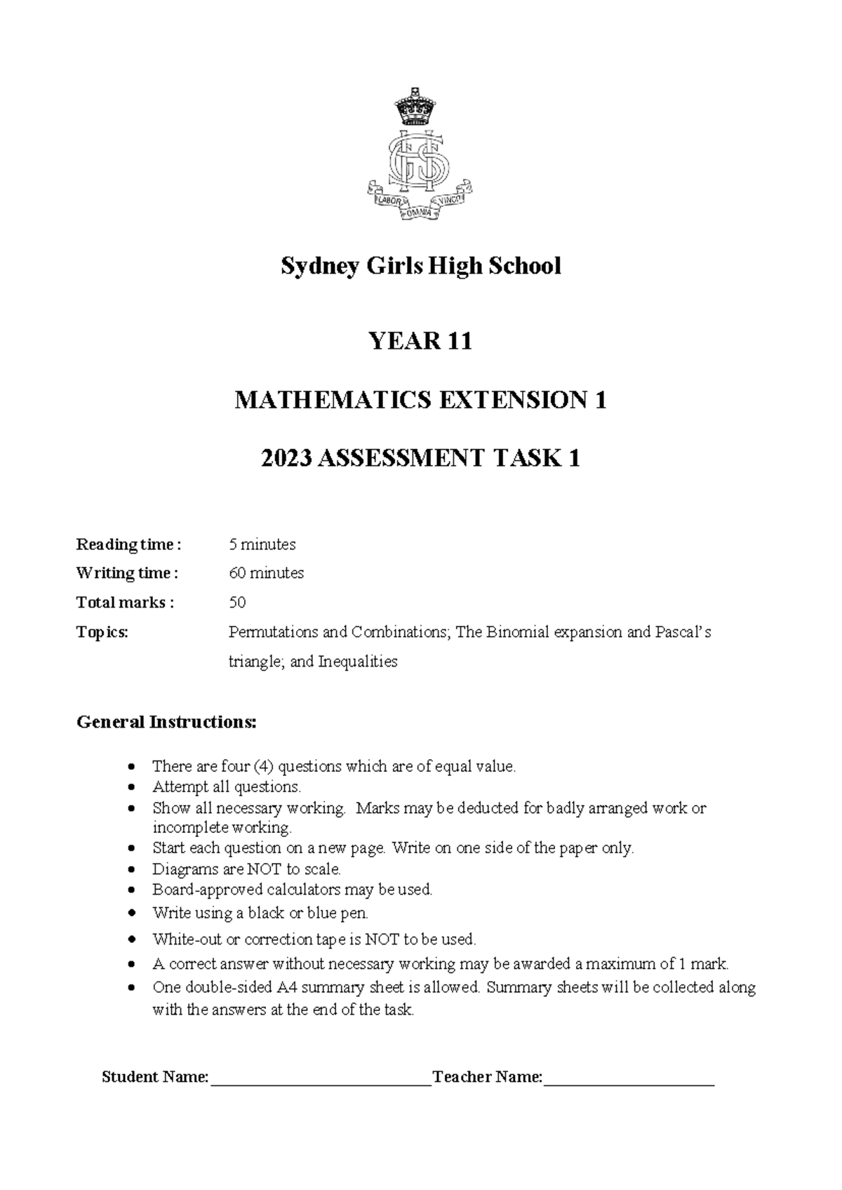 2023 Year 11 Extension Task 1 - Sydney Girls High School YEAR 11 ...
