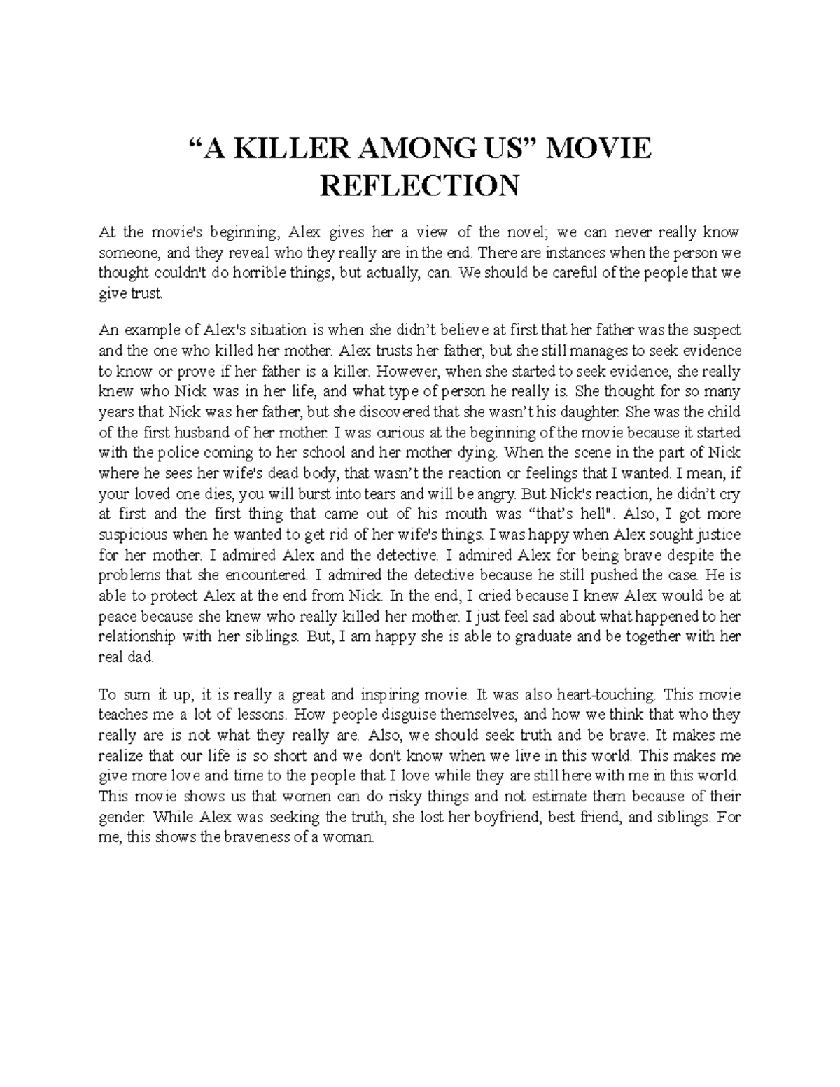 Reflective Essay - A KILLER AMONG US MOVIE REFLECTION - “A KILLER AMONG ...