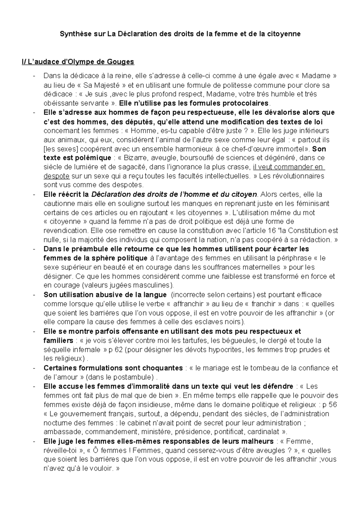 Synth Ã¨se sur La DÃ©claration des droits de la femme et de la citoyenne - Synthèse sur La - Studocu