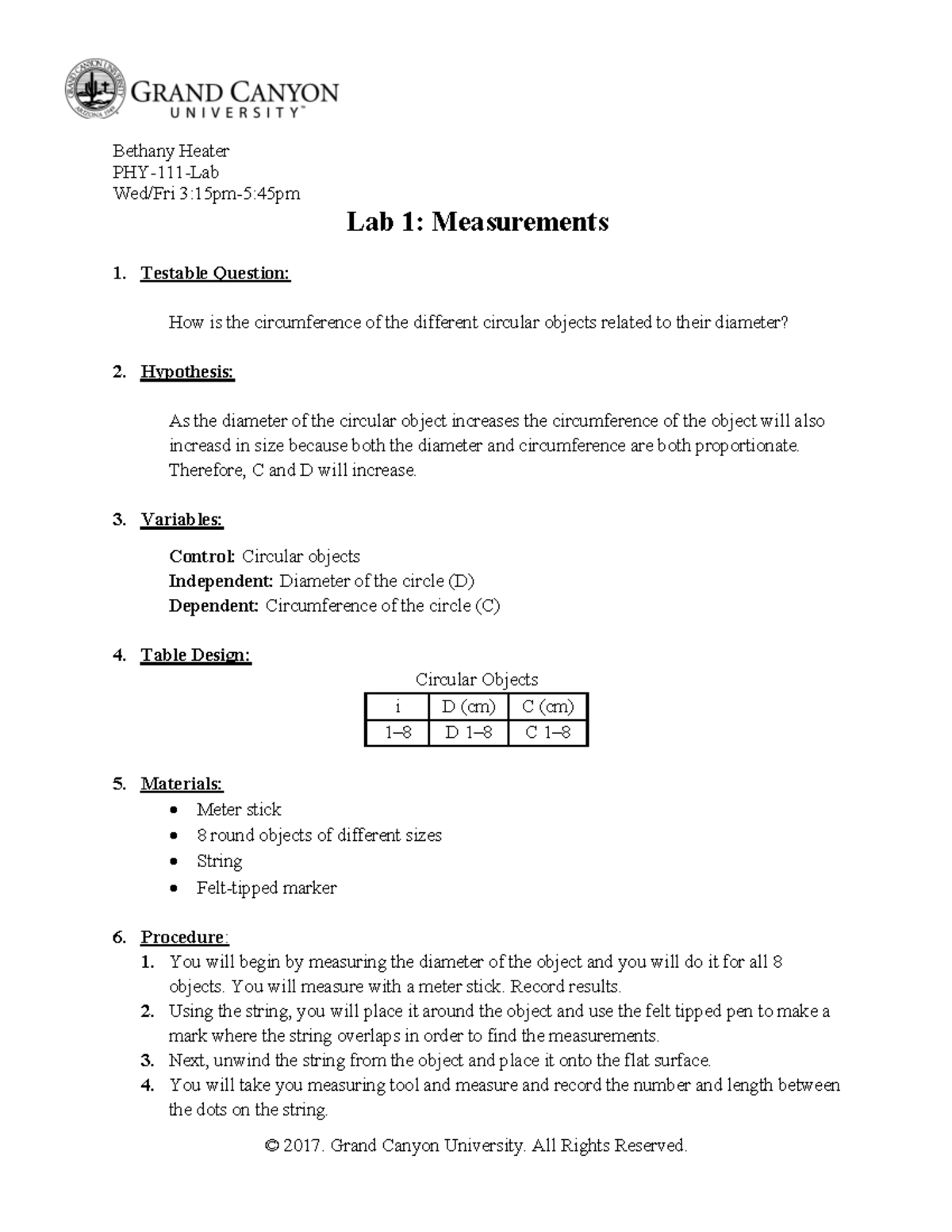 PHY-111L-RS-Lab1 Measurements-1 - © 2017. Grand Canyon University. All Rights Reserved. Bethany ...