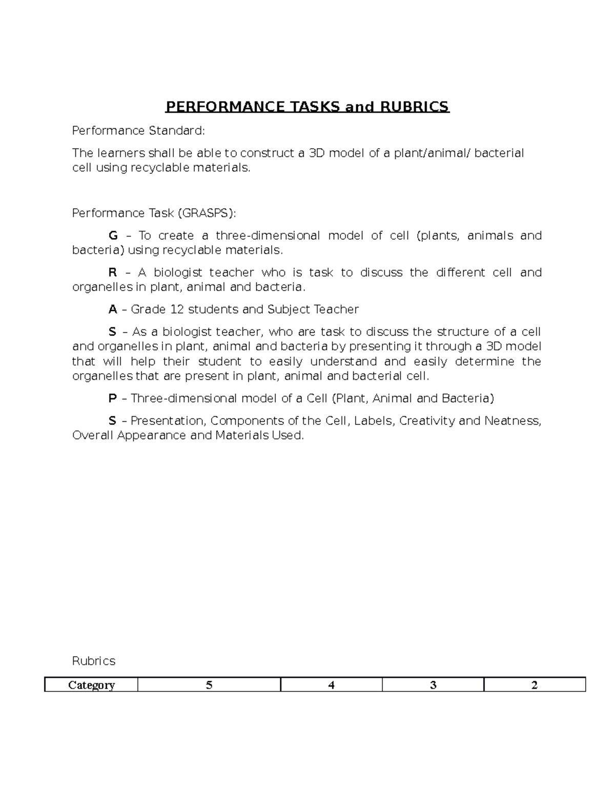 Rubrics in BIO1 - PERFORMANCE TASKS and RUBRICS Performance Standard ...
