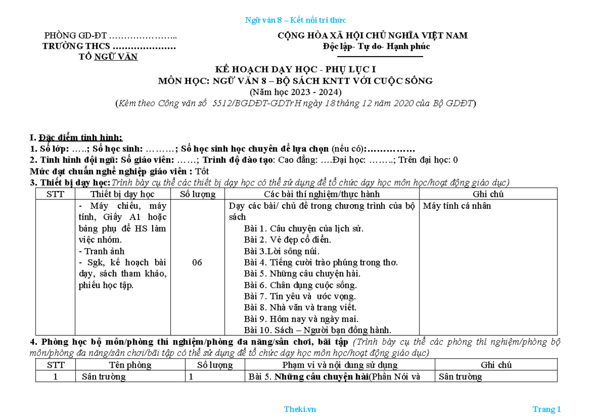 PPCT KHDH ngu van 8 KNTT Phu luc 1 2 3 - PHÒNG GD-ĐT ....................... TRƯỜNG THCS - Studocu
