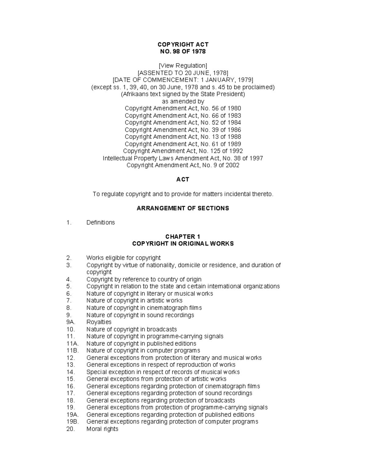 Copyright Act 98 of 1978 - COPYRIGHT ACT NO. 98 OF 1978 [View Regulation] [ASSENTED TO 20 JUNE ...