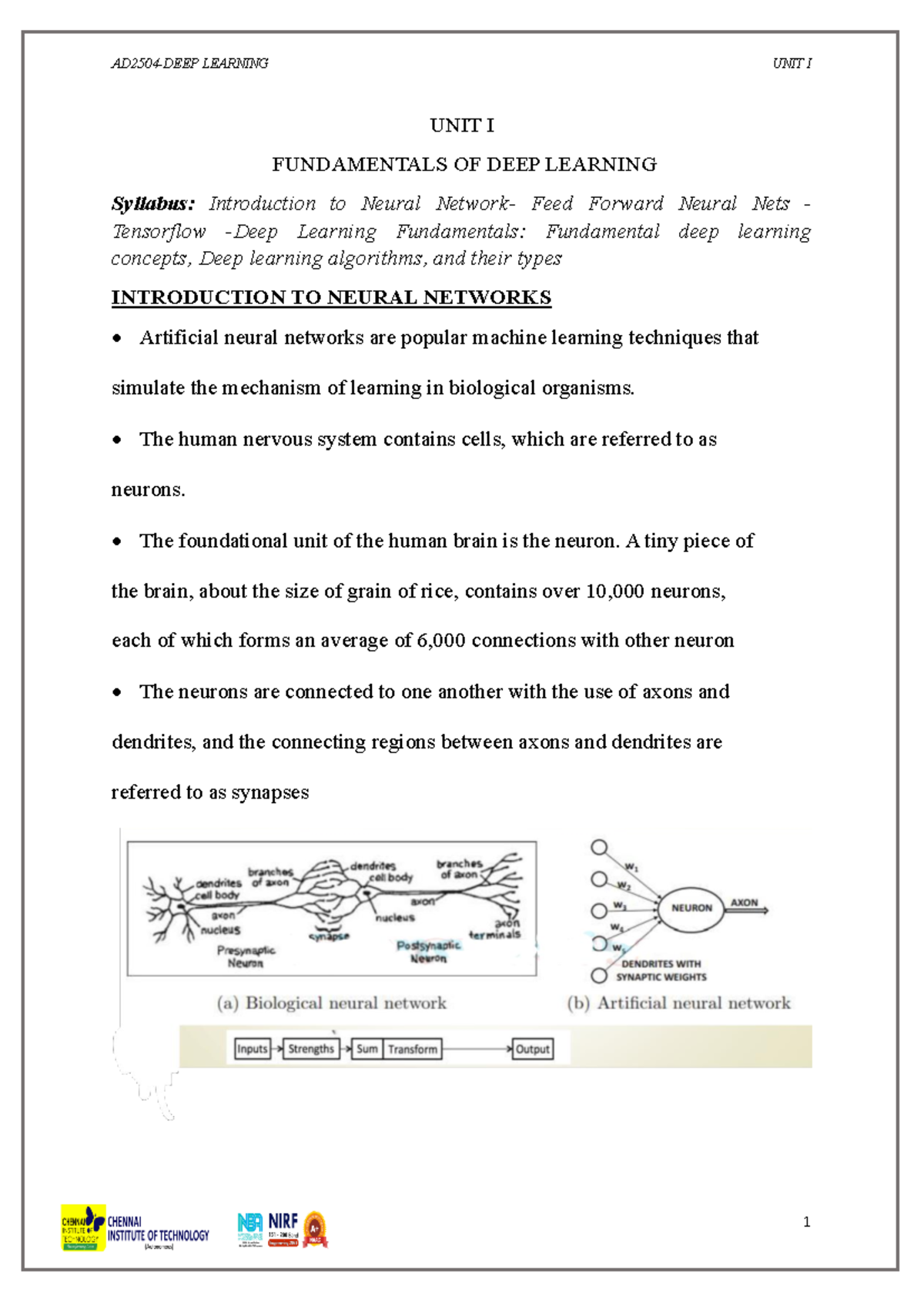 DL UNIT I - Notes for the DL Lectures - UNIT I FUNDAMENTALS OF DEEP ...