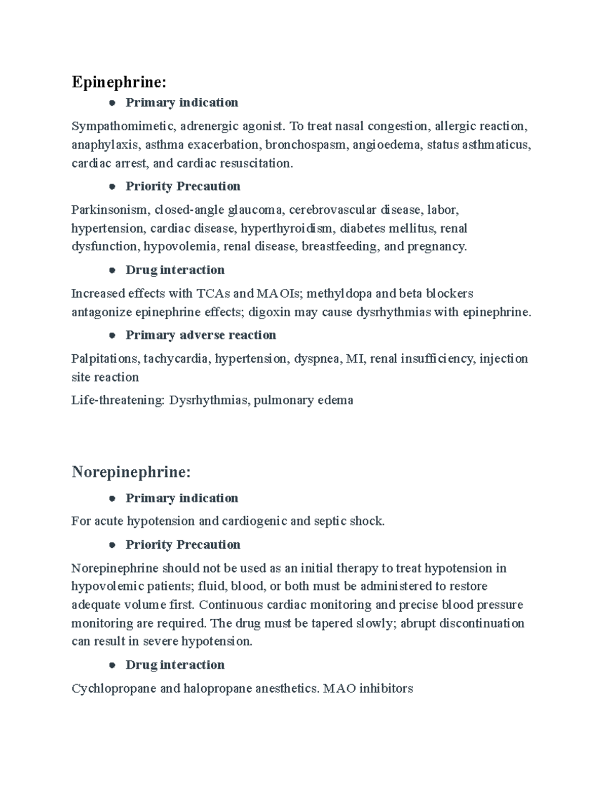 Med card 1 - Summary Pharmacology - Epinephrine: Primary indication ...
