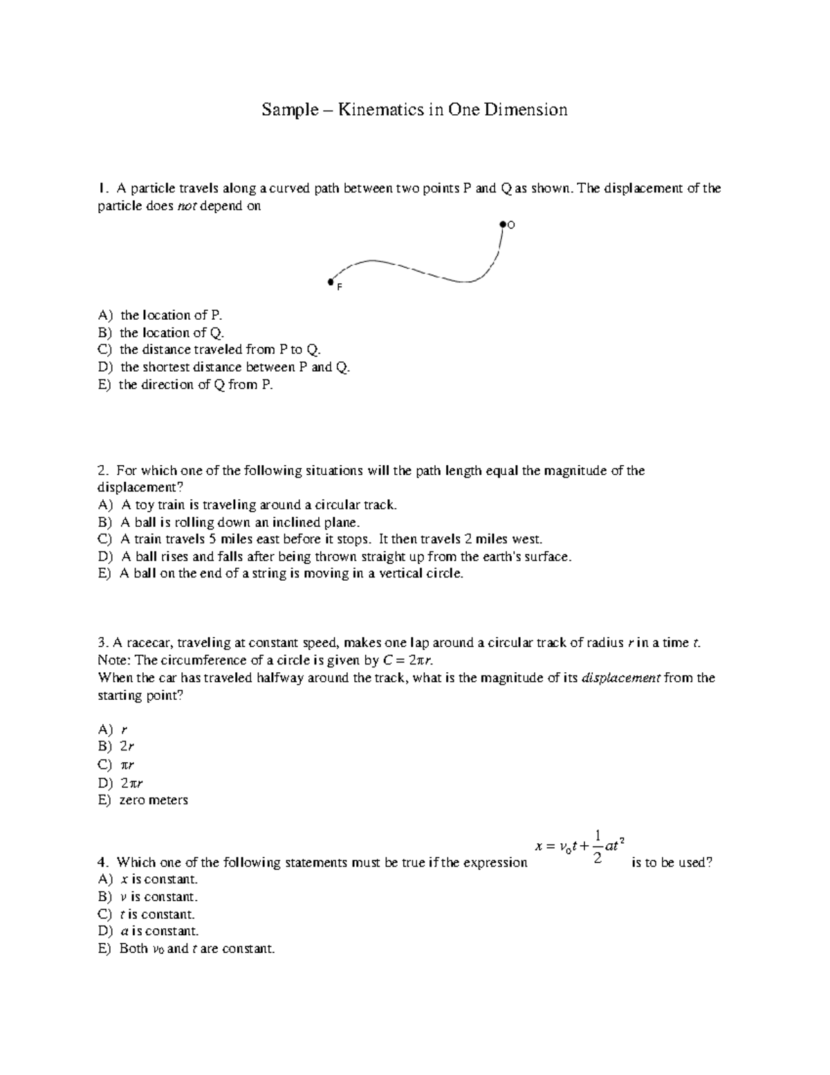 Sample – Kinematics in One Dimension - Sample – Kinematics in One ...